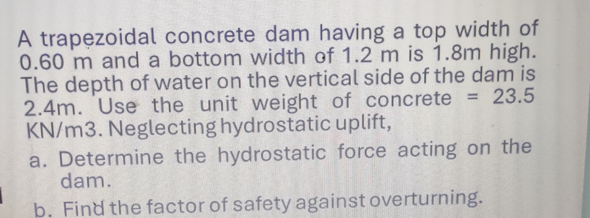 Solved A trapezoidal concrete dam having a top width of | Chegg.com