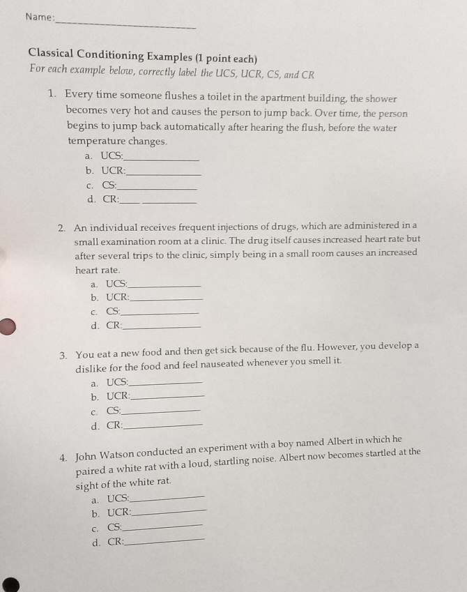 Solved NameClassical Conditioning Examples (1 ﻿point | Chegg.com
