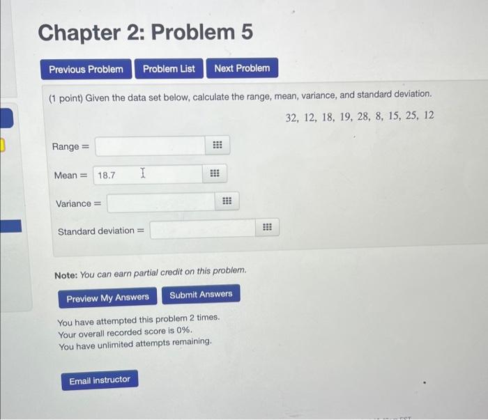 Solved (1 point) Given the data set below, calculate the | Chegg.com