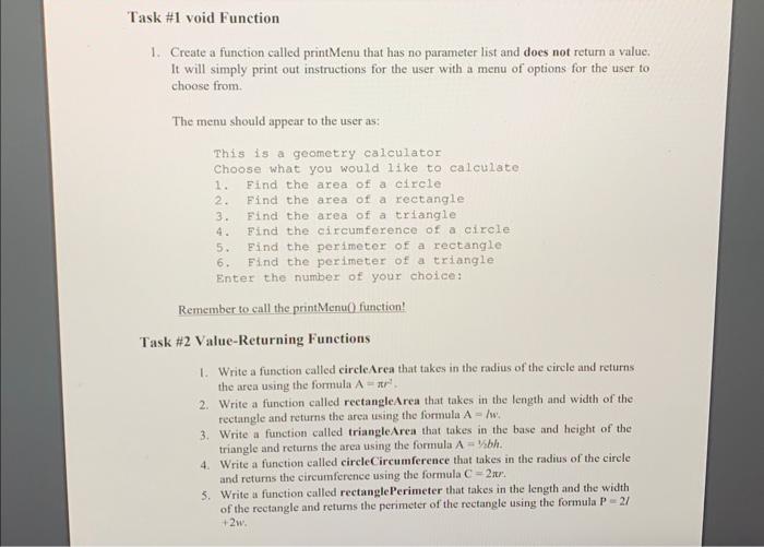 Solved Task \#1 void Function 1. Create a function called | Chegg.com