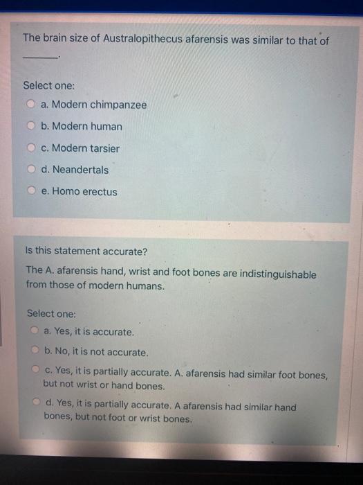 Solved The brain size of Australopithecus afarensis was | Chegg.com