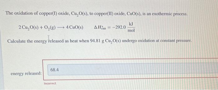 Solved The oxidation of copper(I) oxide, Cu2O(s), to | Chegg.com
