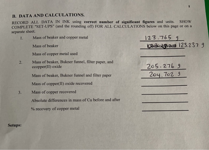 Solved 8 B. DATA AND CALCULATIONS. RECORD ALL DATA IN INK | Chegg.com