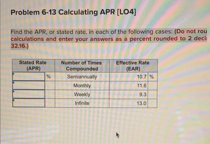 Solved Problem 6-13 Calculating APR (LO4] Find the APR, or | Chegg.com