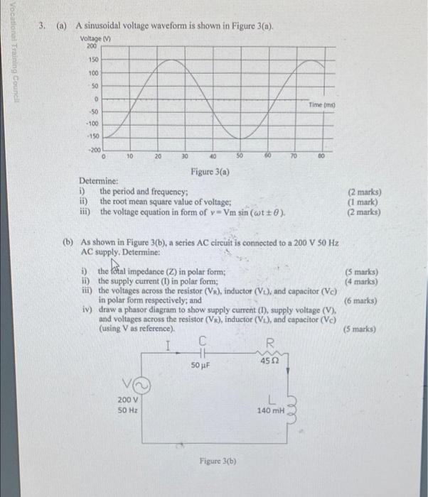 Solved 3. a) A sinusoidal voltage waveform is shown in | Chegg.com