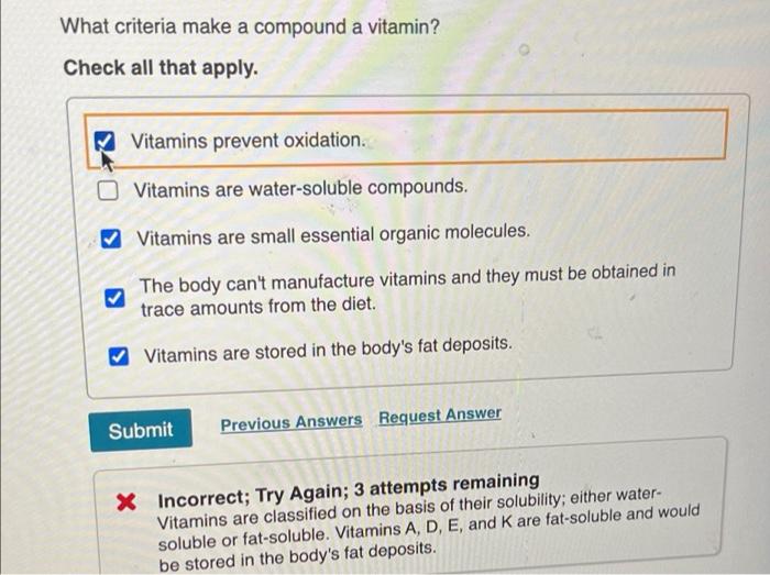 Solved What criteria make a compound a vitamin? Check all | Chegg.com