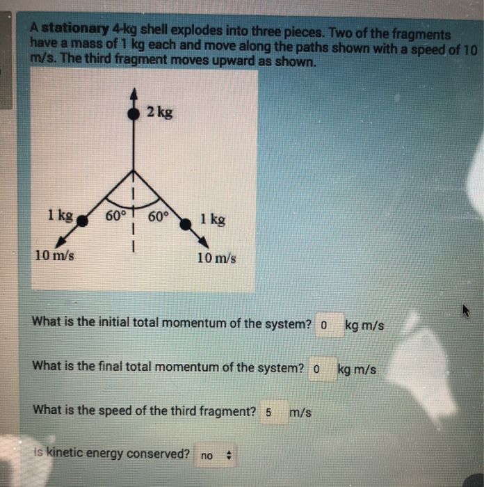 Solved A stationary 4 kg shell explodes into three pieces. | Chegg.com