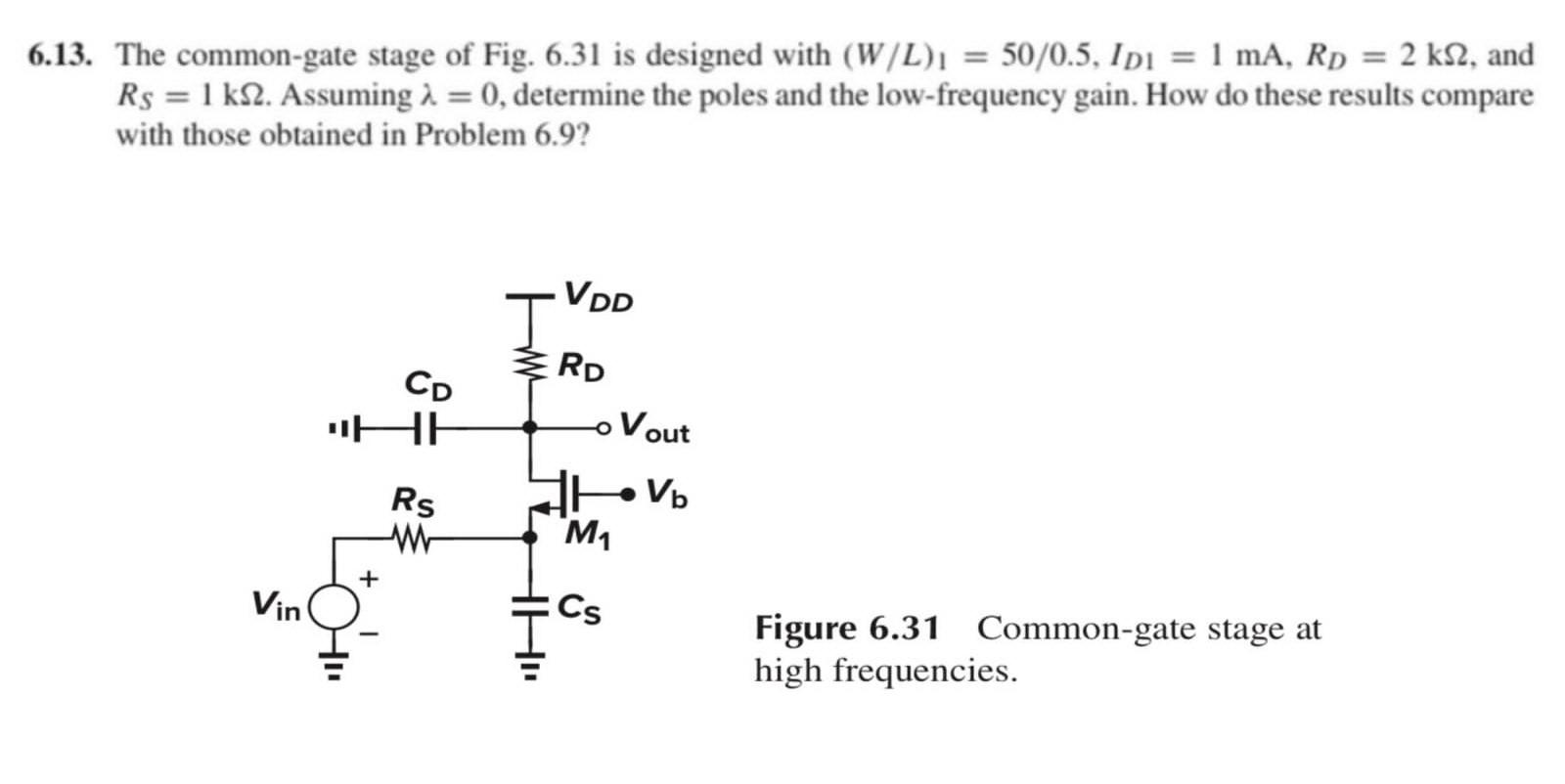 Solved 13. The common-gate stage of Fig. 6.31 is designed | Chegg.com