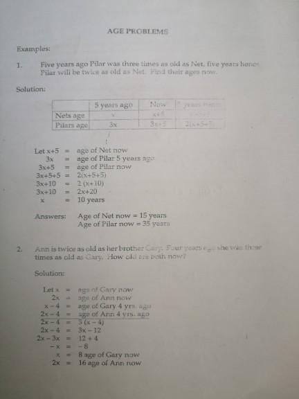 Solved AGE PROBLEMS Examples: Five years ago Pilar was three | Chegg.com