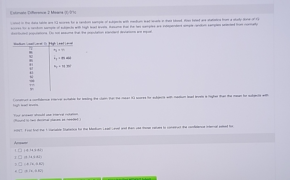 Solved Estimate Difference 2 ﻿Means ( (t)01cListed in the | Chegg.com