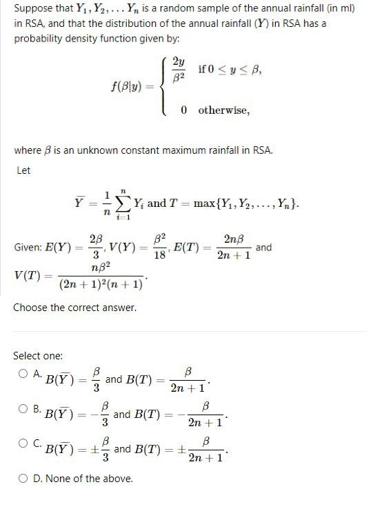 Solved Suppose that Y1,Y2,…Yn is a random sample of the | Chegg.com