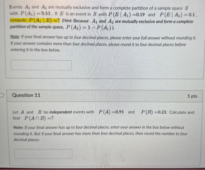Solved Events A1 and A2 are mutually exclusive and form a | Chegg.com