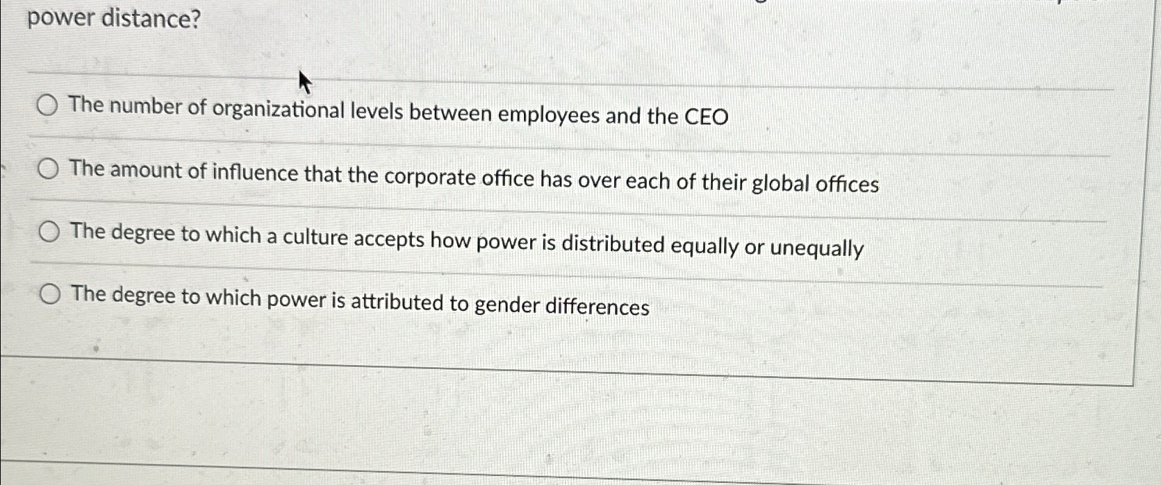 Solved power distance?The number of organizational levels | Chegg.com