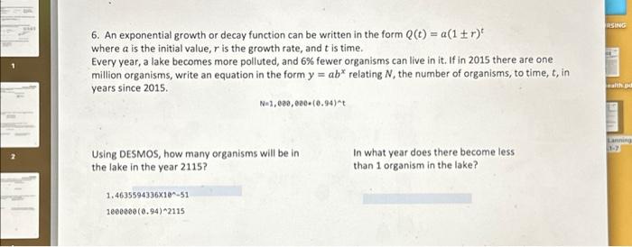 1 2 Bods 6. An exponential growth or decay function | Chegg.com