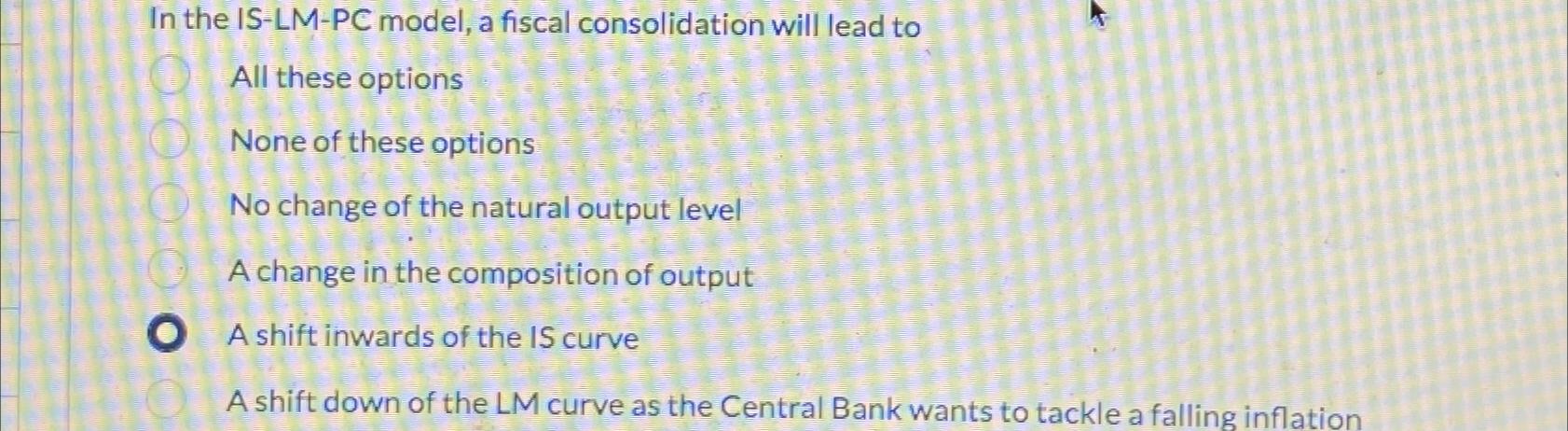 Solved In the IS-LM-PC model, a fiscal consolidation will | Chegg.com