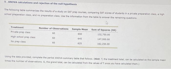 Solved 5. ANOVA calculations and rejection of the null | Chegg.com