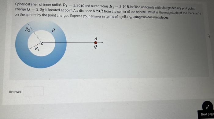 Solved Spherical shell of inner radius R1=1.36R and outer | Chegg.com
