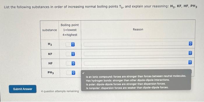 Solved List the following substances in order of increasing | Chegg.com