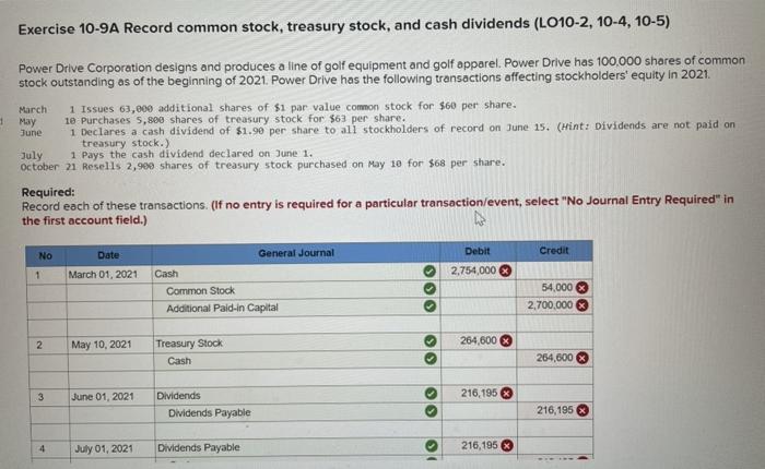 Solved Exercise 10-9A Record common stock, treasury stock, | Chegg.com