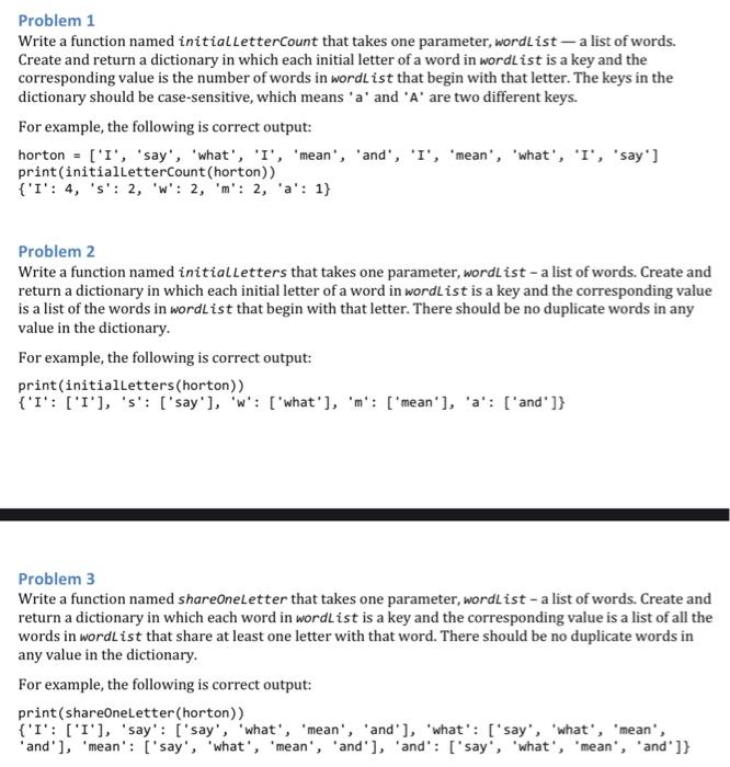 Solved Problem 1 Write a function named initialLetter Count | Chegg.com