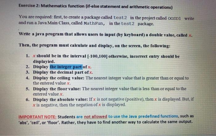 Solved Exercise 2: Mathematics function (if-else statement | Chegg.com