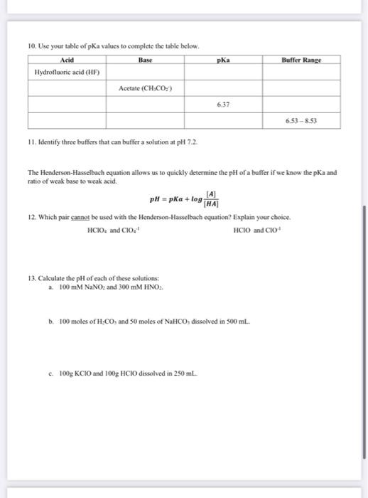 Solved pka Buffer Range 10. Use your table of pKa values to | Chegg.com