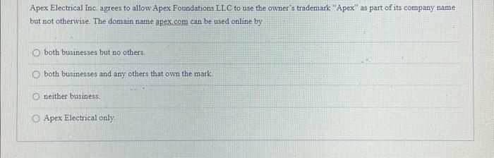 Solved Apex Electrical Inc. agrees to allow Apex Foundations | Chegg.com