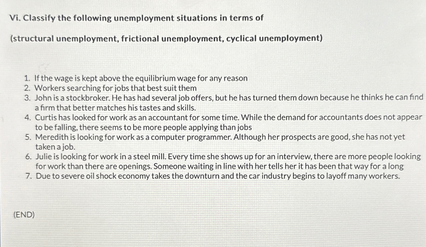 Solved Vi. ﻿Classify the following unemployment situations | Chegg.com