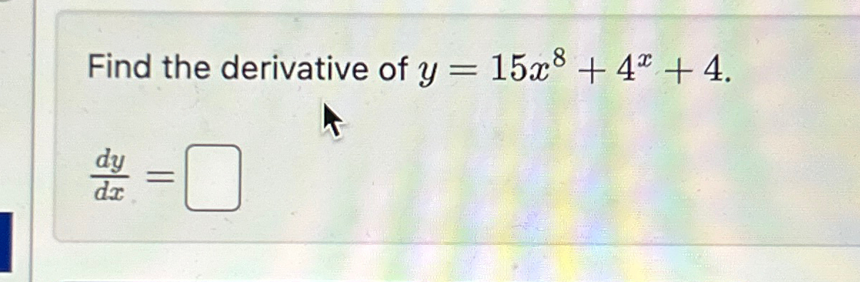 Solved Find the derivative of y=15x8+4x+4.dydx= | Chegg.com