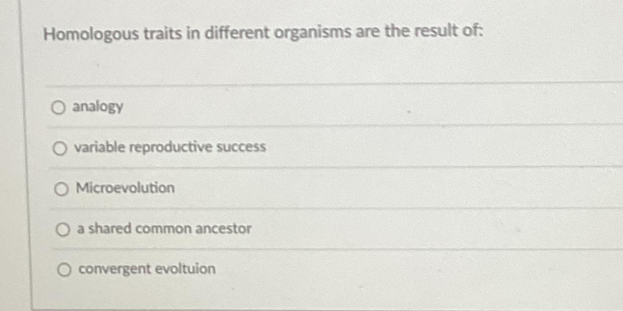 Solved Homologous traits in different organisms are the | Chegg.com