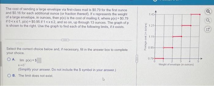 Solved The cost of sending a large envelope via first-class | Chegg.com