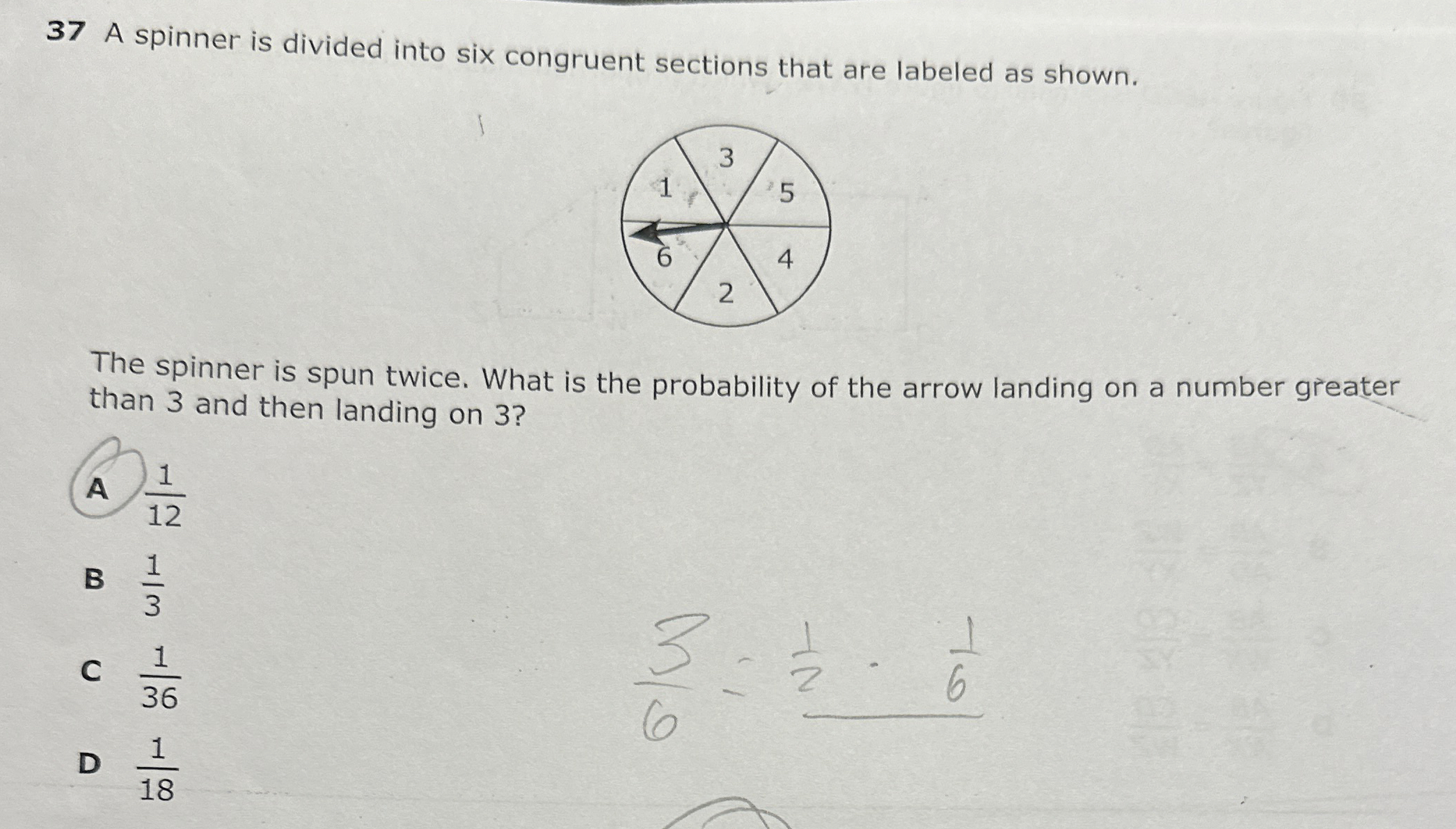 Solved 37 ﻿A spinner is divided into six congruent sections | Chegg.com