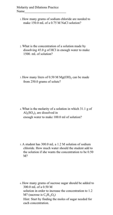 Solved Molarity and Dilutions Practice Name 1. How many | Chegg.com
