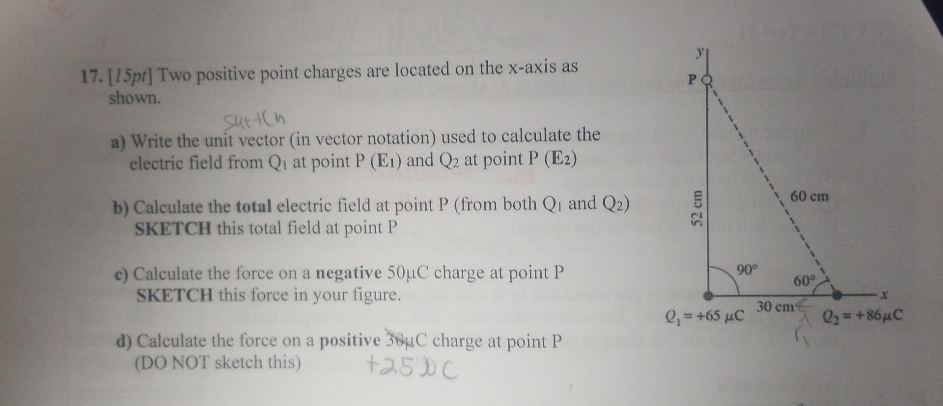 Solved 17. [15pt] Two positive point charges are located on | Chegg.com