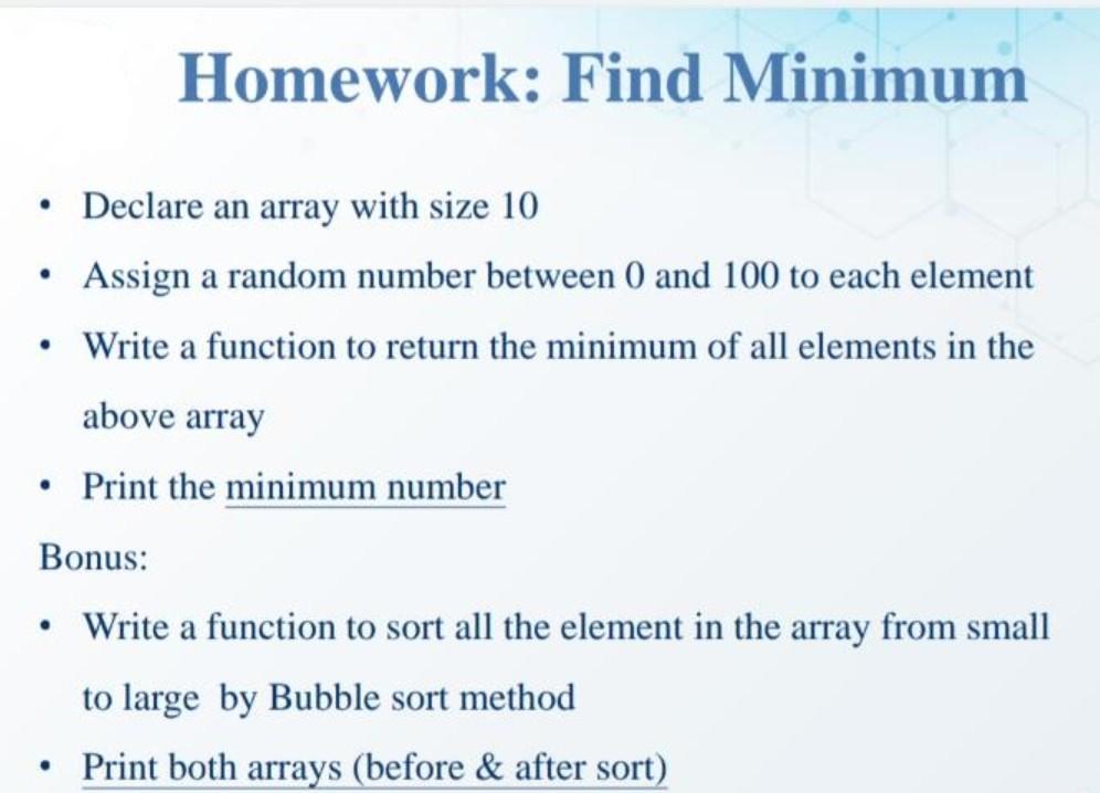 Solved Homework Find Minimum Declare An Array With Size 2581