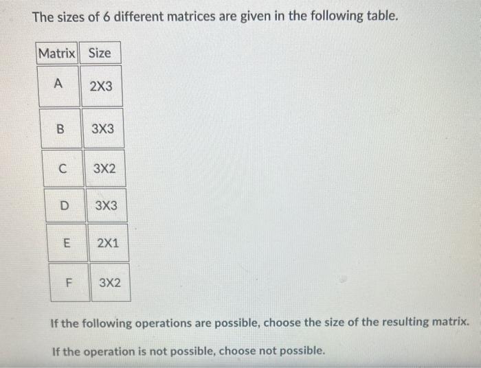 Solved The sizes of 6 different matrices are given in the | Chegg.com