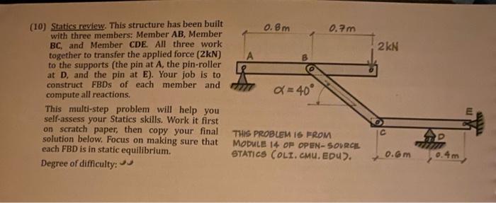 Solved (10) Statics review. This structure has been built | Chegg.com