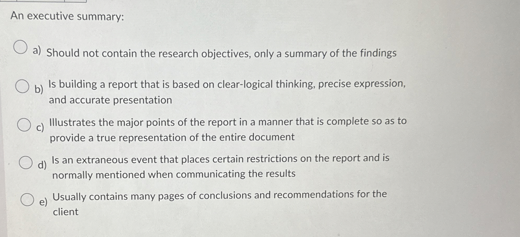 Solved An executive summary:a) ﻿Should not contain the | Chegg.com