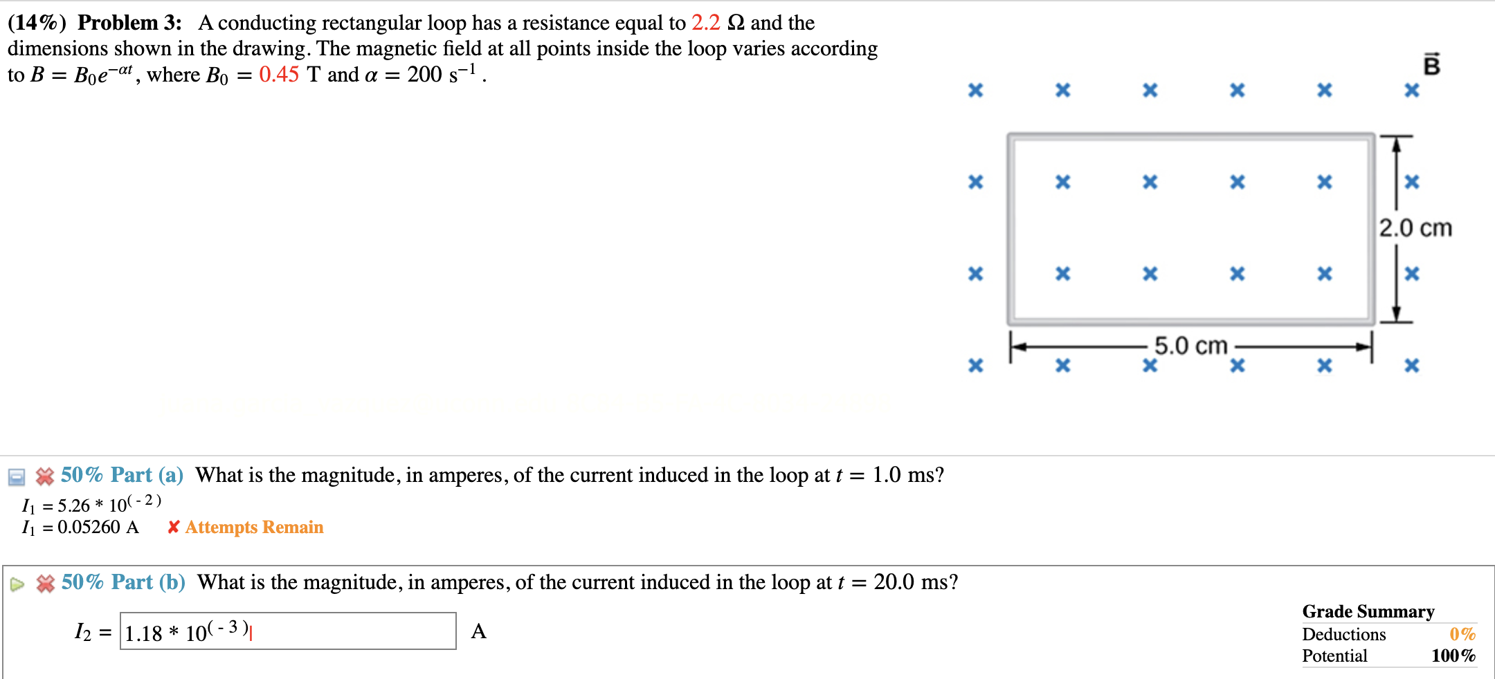 Solved (14%) ﻿Problem 3: A conducting rectangular loop has a | Chegg.com