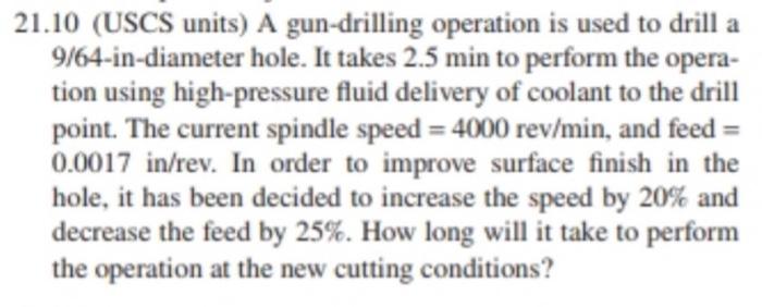 Solved 21.10 (USCS units) A gun-drilling operation is used | Chegg.com