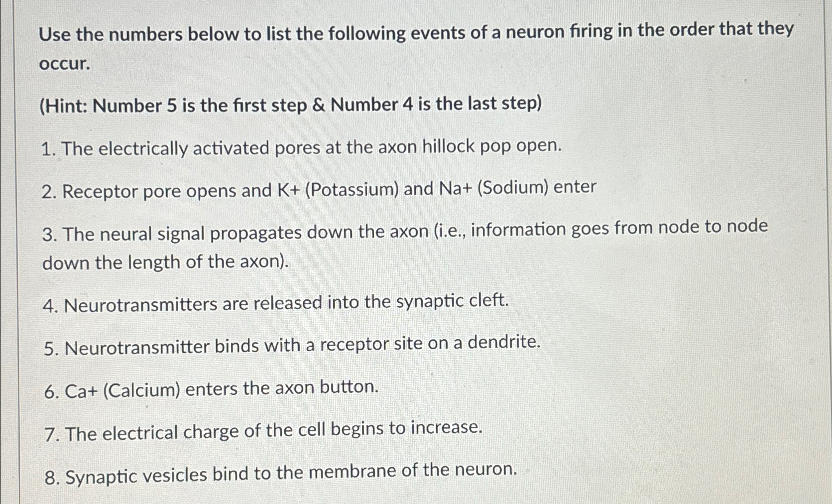 Solved Use the numbers below to list the following events of | Chegg.com