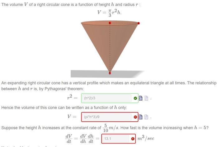 Solved The volume V of a right circular cone is a function | Chegg.com