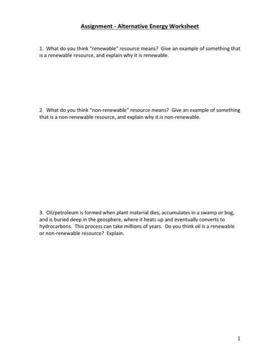 Solved Assignment - Alternative Energy Worksheet 1. What do | Chegg.com