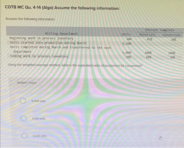 Solved COTB MC Qu. 4-14 (Algo) Assume the following | Chegg.com