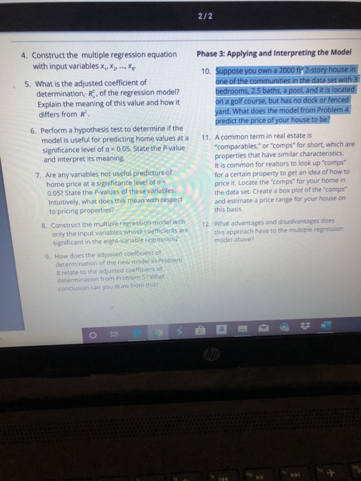 2/2 4. Construct the multiple regression equation | Chegg.com