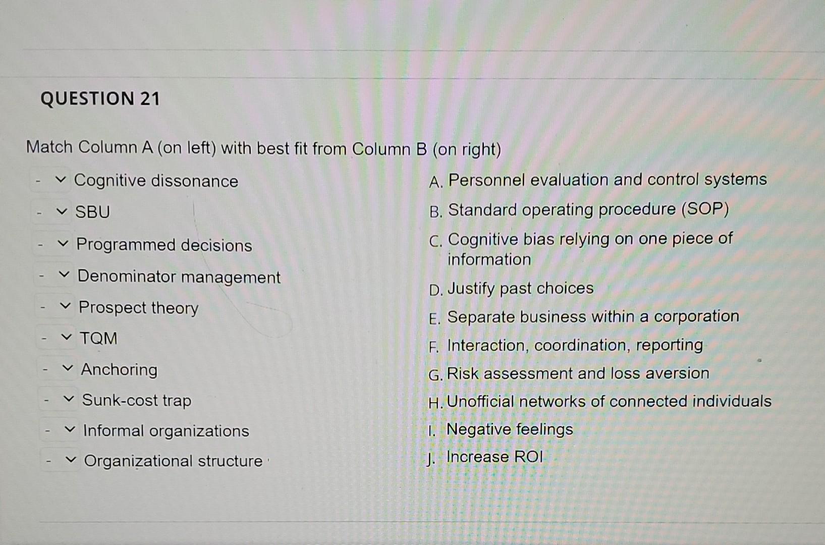 Match Column A (on left) with best fit from Column B | Chegg.com