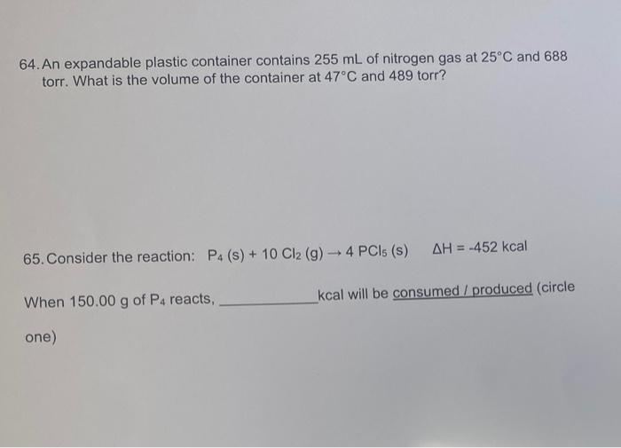 Solved 64. An expandable plastic container contains 255 mL | Chegg.com