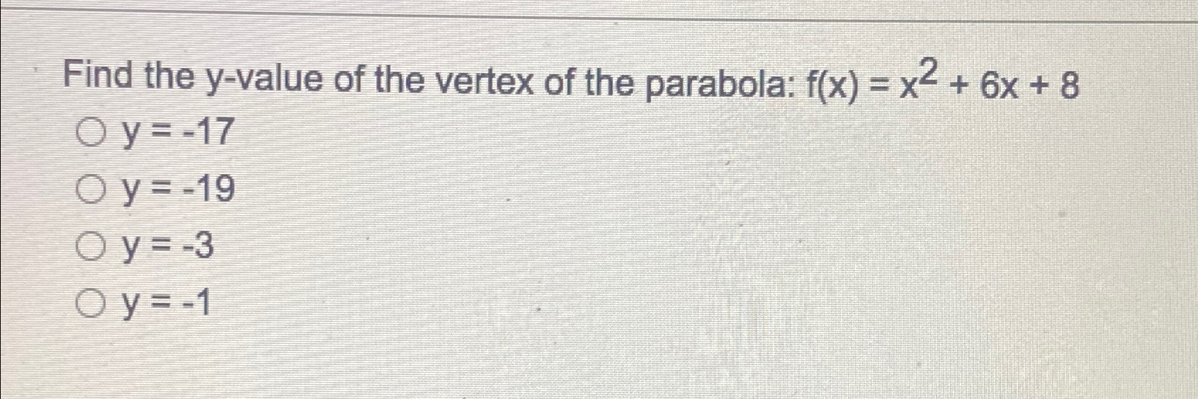 Solved Find the y-value of the vertex of the parabola: | Chegg.com