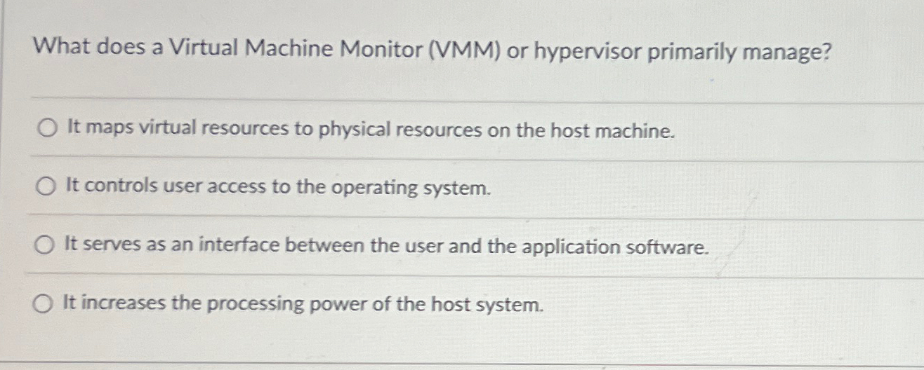 Solved What does a Virtual Machine Monitor (VMM) ﻿or | Chegg.com
