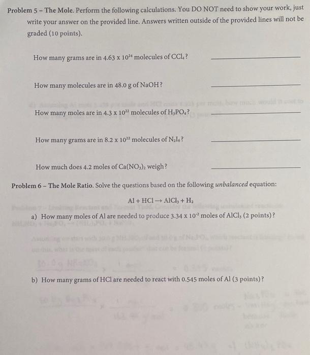 [Solved]: Problem 5 - The Mole. Perform the following calcu